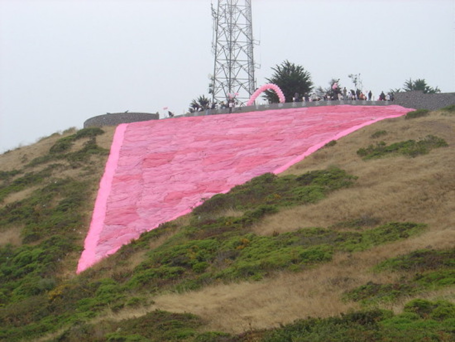 Volunteers install giant pink triangle on San Francisco's Twin Peaks