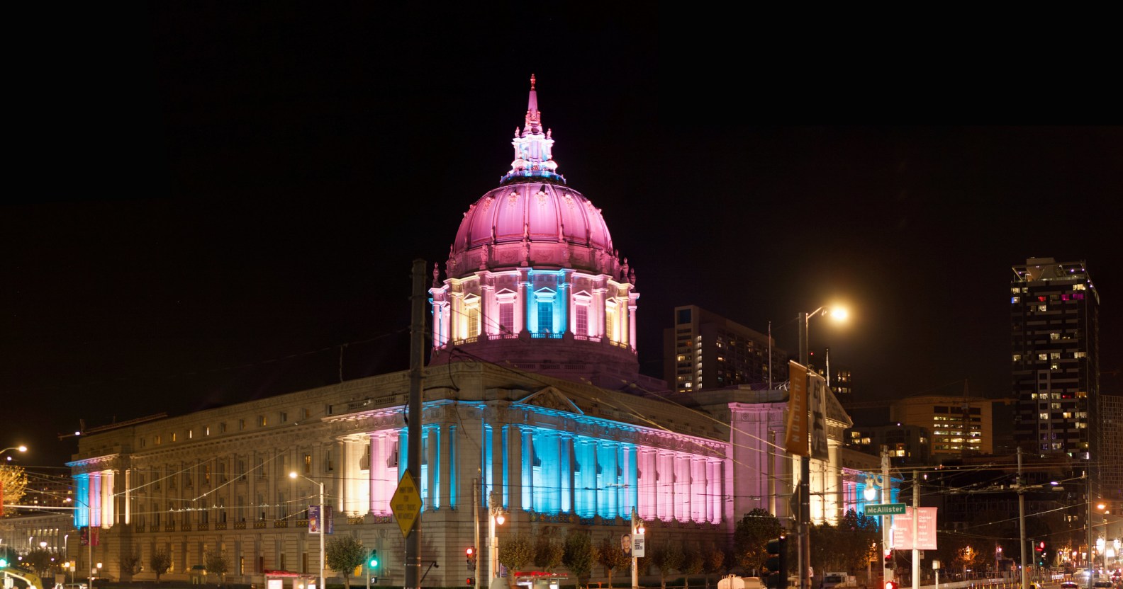 San Francisco City Hall lit up as transgender flag for awareness month