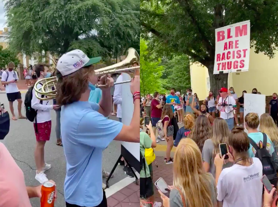 Student drowns out homophobic, racist demonstrator with his trombone