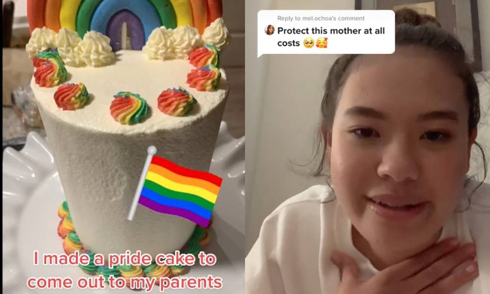 Bisexual model films emotional moment she came out to parents on a cake