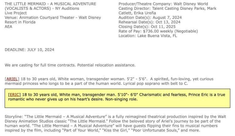 Disney reach out to transgender actors for Little Mermaid roles