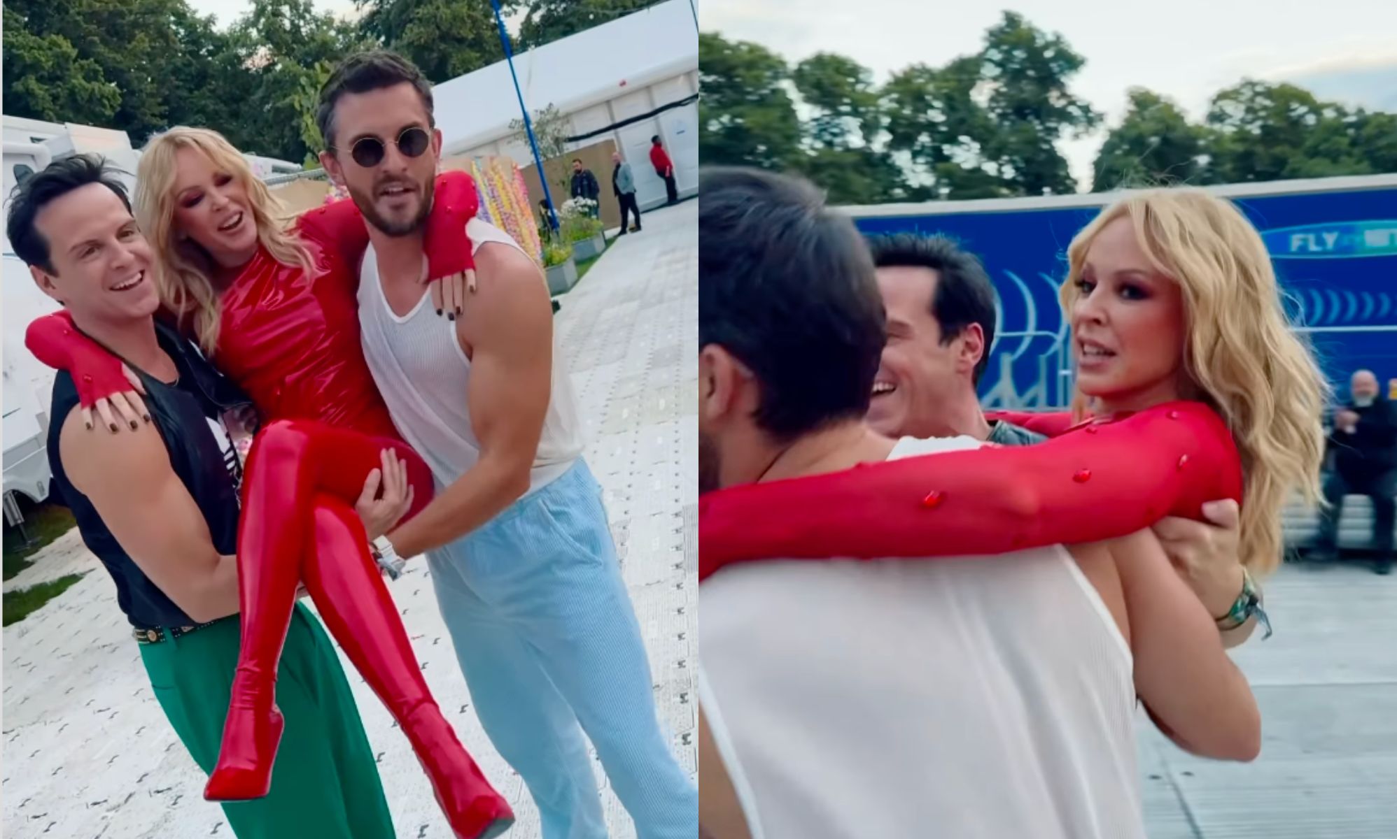 Kylie Minogue carried to stage by Jonathan Bailey and Andrew Scott