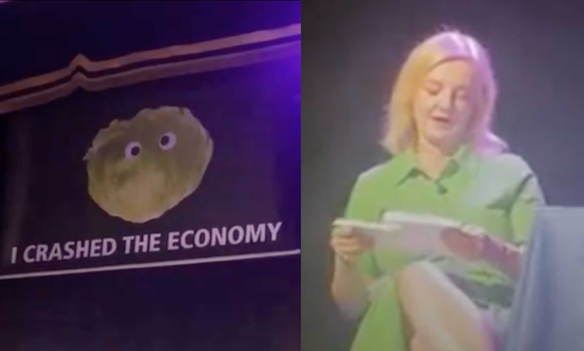 Liz Truss leaves stage after 'lettuce meme' unfurled behind her