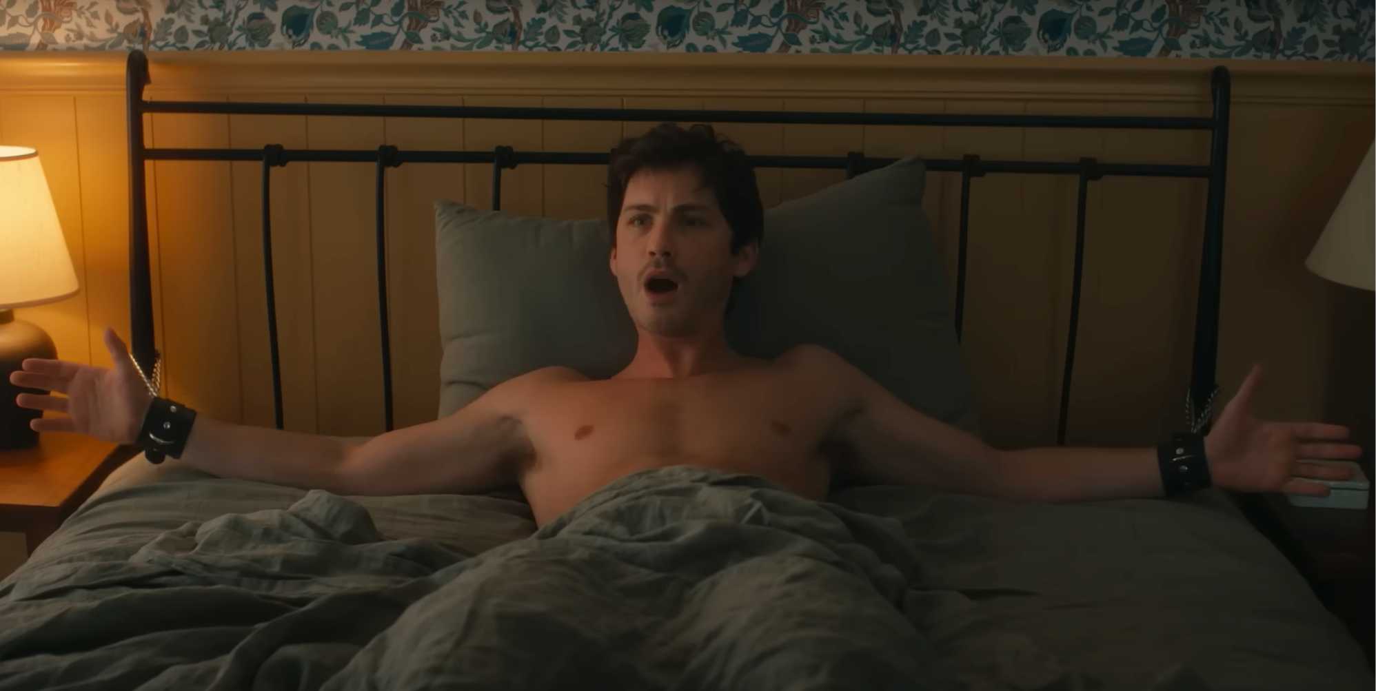 Logan Lerman is "tied to a bed, naked" in new film Oh, Hi!