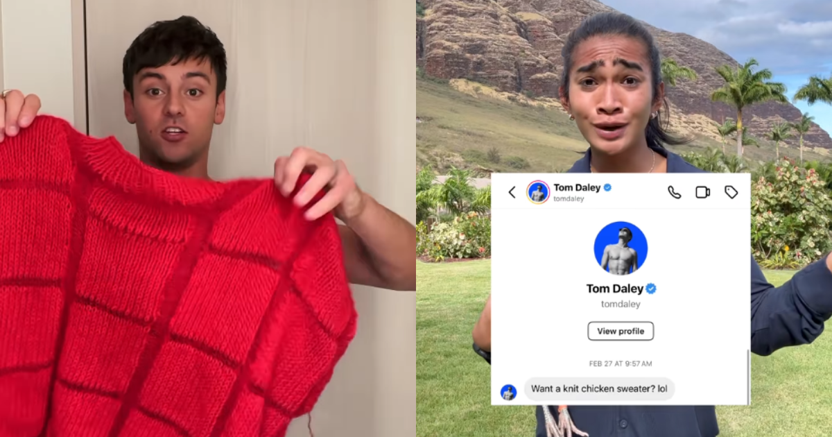 Tom Daley knits a jumper for Bretman Rock with portrait of chicken