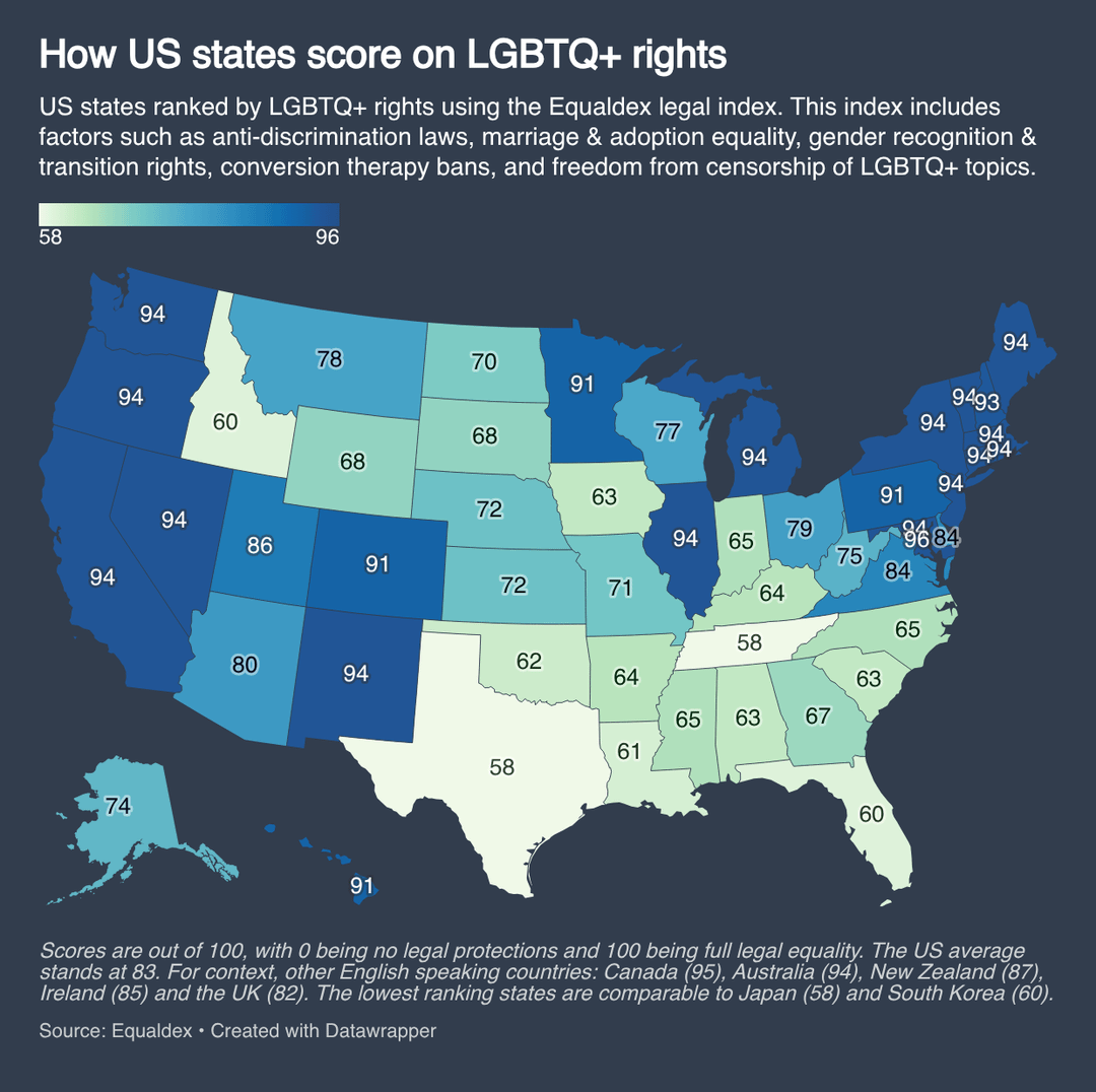 Map ranks US states on LGBTQ+ rights – the worst isn't surprising